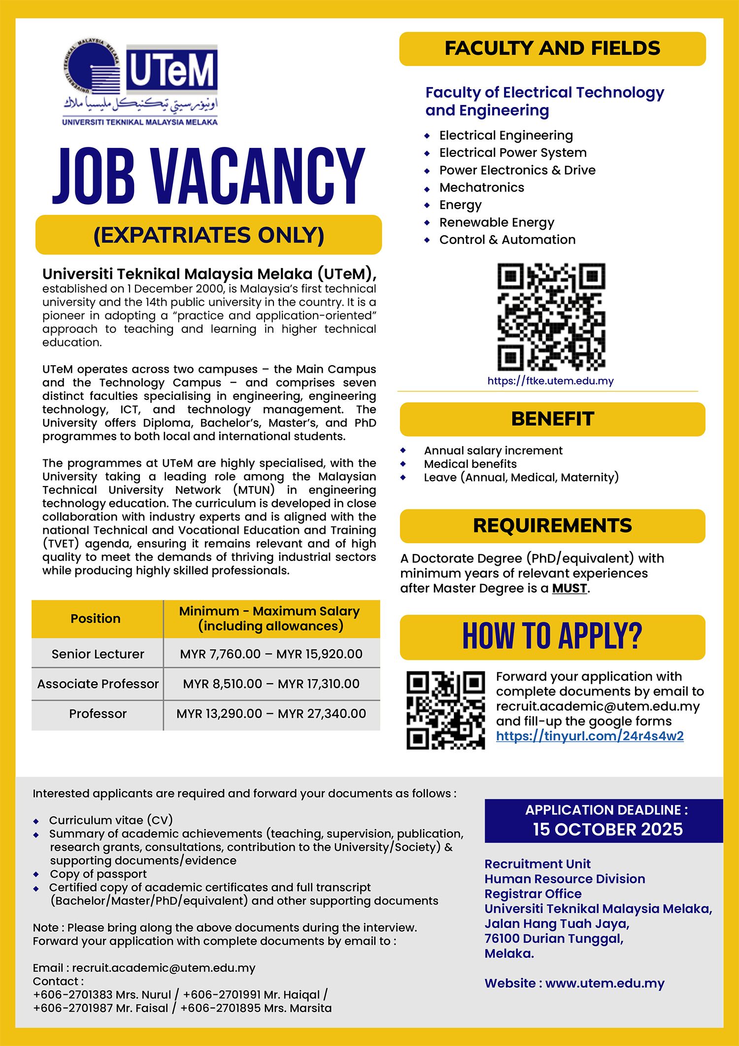 Universiti Teknikal Malaysia Melaka - UTeM - Job Vacancies